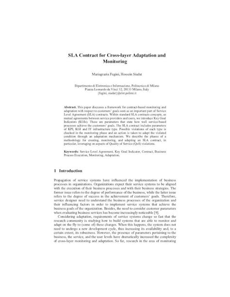 Pdf Sla Contract For Cross Layer Adaptation And Monitoring Sla