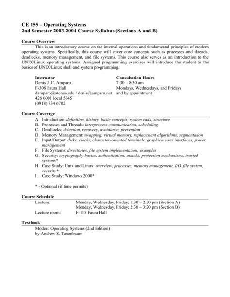 Ce 155 Operating Systems Course Syllabus