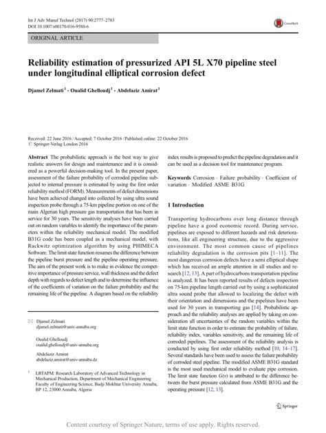 Reliability Estimation Of Pressurized Api 5l X70 Pipeline Steel Under Longitudinal Elliptical
