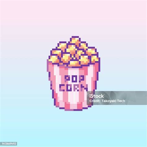 픽셀 아트 팝콘 아이콘입니다 8 비트 벡터 스티커 또는 복고풍 90 년대 게임 스타일의 팝콘의 미소 팝콘 사인의 모자이크 트렌디