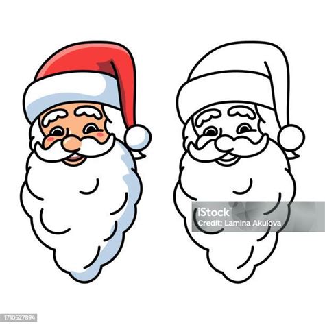 해피 산타 클로스 헤드 만화 일러스트레이션 정면 보기 색상 및 윤곽선 세트 색칠 공부 책 페이지 인쇄 가능한 활동 워크 시트