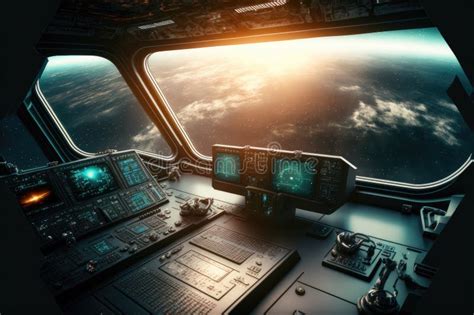 Outer View Of Spaceship Window With Control System Room Stock