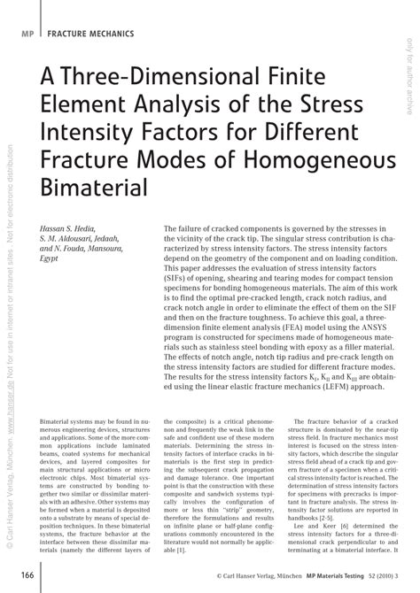 Pdf A Three Dimensional Finite Element Analysis Of The Stress Intensity Factors For Different