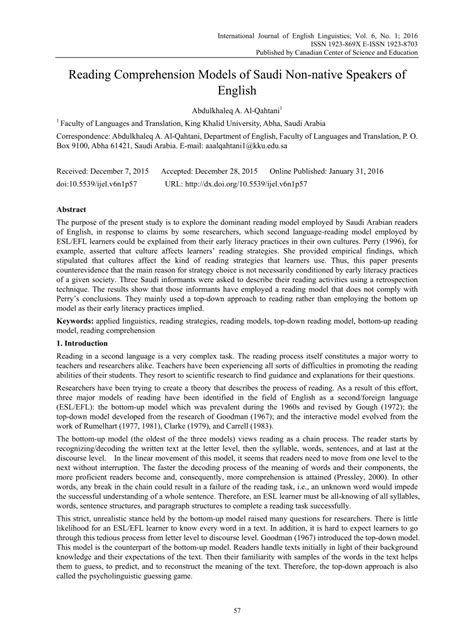 PDF Reading Comprehension Models Of Saudi Non Native Speakers Of English