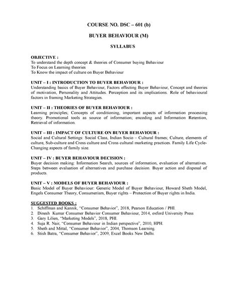 Buyer Behaviour Syllabus Course No Dsc 601 B Buyer Behaviour M