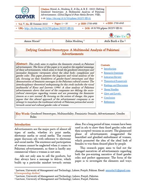 Defying Gendered Stereotypes A Multimodal Analysis Pdf Gender Role