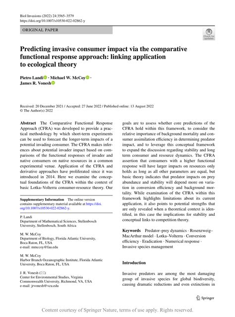 Pdf Predicting Invasive Consumer Impact Via The Comparative Functional Response Approach