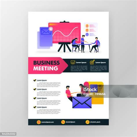 플랫 만화 일러스트가 있는 비즈니스 미팅 포스터입니다 Flayer 비즈니스 팜플렛 브로셔 잡지 표지 디자인 레이아웃 공간 광고 홍보 및 마케팅 A4 크기의 벡터 인쇄 템플릿