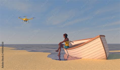 3d Render Of Female Figure On A Beached Boat With A Uav Drone Looking On Fictitious Uav Is A