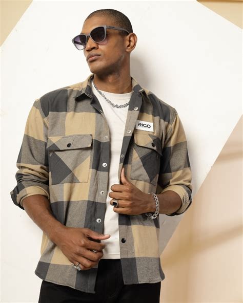 Buy Mens Beige And Black Checks Oversized Shacket Online At Bewakoof
