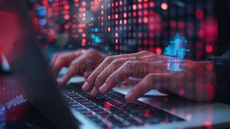 Close Up Of Hands Typing On A Laptop Keyboard With Blurry Red And Blue Lights Stock Illustration