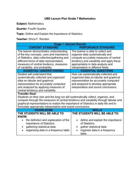 Ubd Lesson Plan Grade 7 Math Pdf Sampling Statistics Statistics