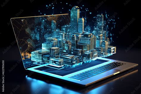 Generative Ai Computer Screen View Illustration Of Futuristic Architecture With Digital