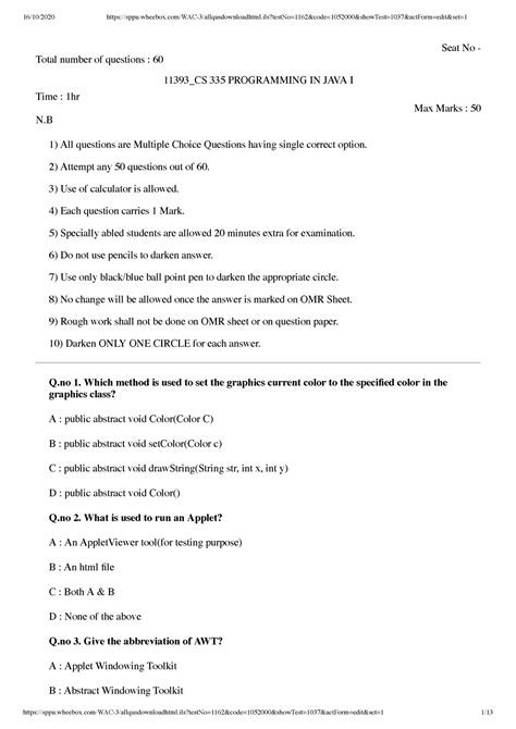 11393 Cs 335 Programming In Java I Total Number Of Questions 60
