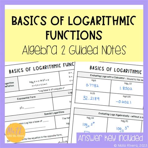Basics Of Logarithmic Functions Guided Notes For Algebra 2 Printable No Prep