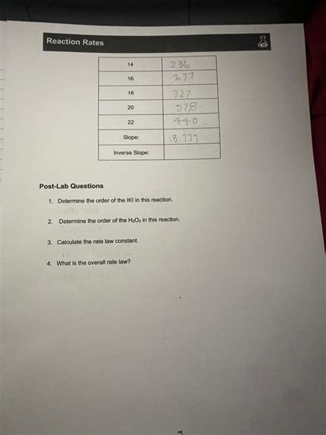 solved experiment 1 calculating rate of reaction data sheet