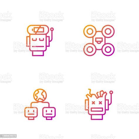 세트 라인 깨진 로봇 인공 지능 로봇 낮은 배터리 충전 및 무인 항공기 그라데이션 색상 아이콘입니다 벡터 맹공에 대한 스톡 벡터 아트 및 기타 이미지 Istock