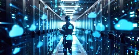 Technician In A Data Center With Floating Cloud Holograms Premium Ai Generated Image