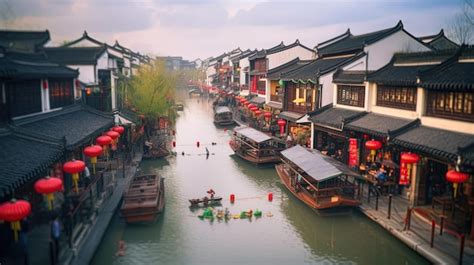 Premium Ai Image A Canal With A Boat In The Water And A Building With