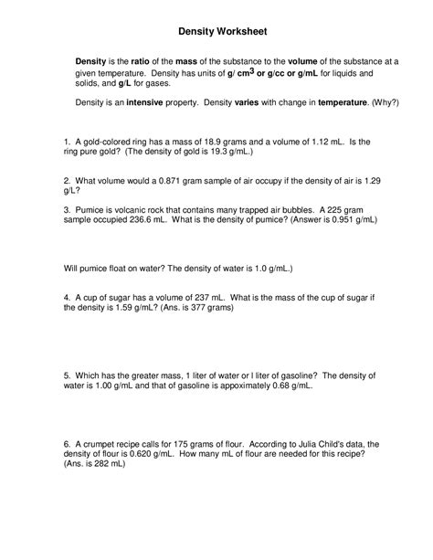 Density Worksheet Chemistry With Answers Density Mass And Volume