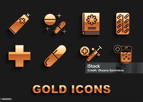 세트 의학 알 약 또는 태블릿 알 약 물집 팩 Iv 가방 바늘과 의료 주사기 크로스 병원 의료 책 연고 크림 튜브 약 및 아이콘 벡터 1위에 대한 스톡 벡터 아트 및 기타