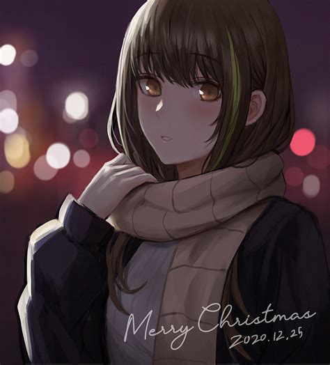 Safebooru 1girl Blue Jacket Blush Brown Eyes Brown Hair Brown Scarf
