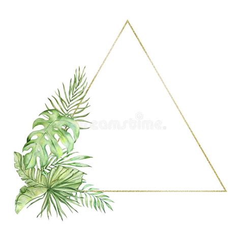 Watercolor Tropical Leaves With Gold Geometric Triangular Frame Stock Vector Illustration Of
