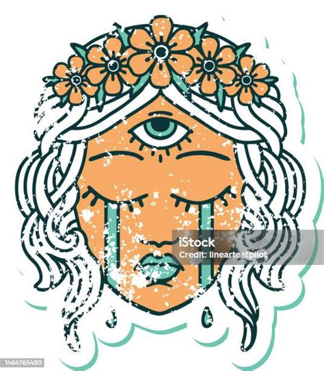 상징적 인 고민 스티커 문신 스타일 이미지 신비한 세 번째 눈 울고있는 여성 얼굴 고스에 대한 스톡 벡터 아트 및 기타 이미지 고스 꽃 식물 눈 신체 부분 Istock