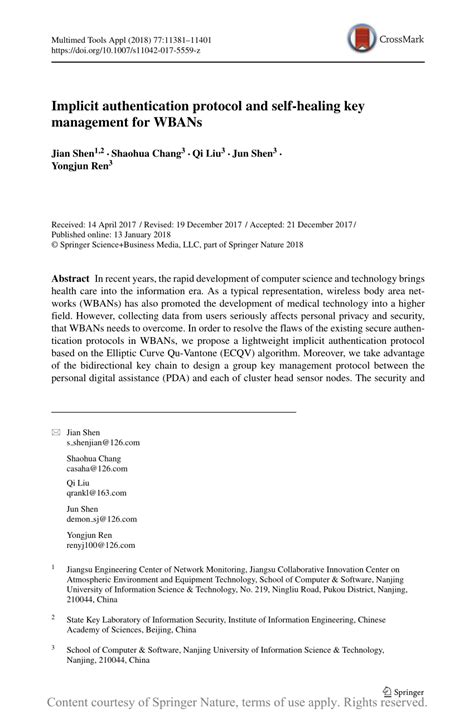 Implicit Authentication Protocol And Self Healing Key Management For Wbans Request Pdf