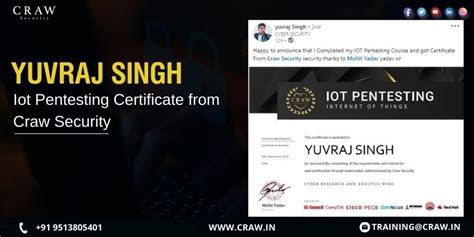 Yuvraj Singh Completing An IOT Penetration Testing Course With A Certificate From Craw Security