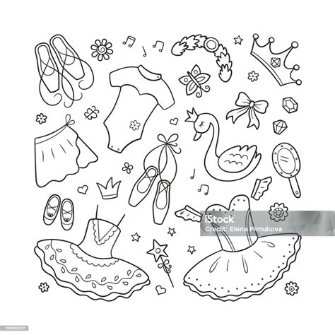 작은 발레리나와 발레 액세서리 세트 손으로 그린 투투 포인트 발레 드레스 백조 크라운 낙서 스타일의 격리된 벡터 그림 낙서 드로잉에 대한 스톡 벡터 아트 및 기타 이미지