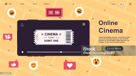 온라인 시네마 포스터 벡터 온라인 시네마 티켓 주문 개념의 플랫 디자인 벡터 일러스트레이션 스마트폰을 통해 비디오 클립 영화를 시청하세요 전단지 배너 마케팅에 적합합니다