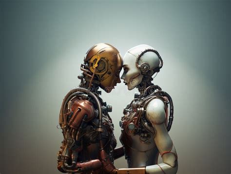 futuristic robot couple embracing in a touching display of affection