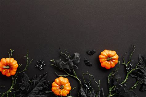 무서운 할로윈 플랫 레이아웃 구성 오렌지 호박 박쥐와 가지 검은 배경에 거미 할로윈 파티 초대장 모형 플랫 레이 평면도 복사 공간 10월에 대한 스톡 사진 및 기타 이미지