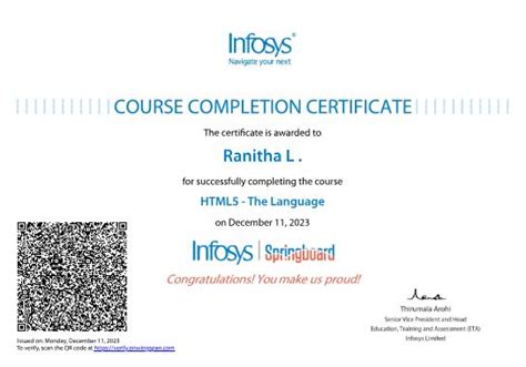 completed html5 course with infosys ranitha lingaraj posted on the