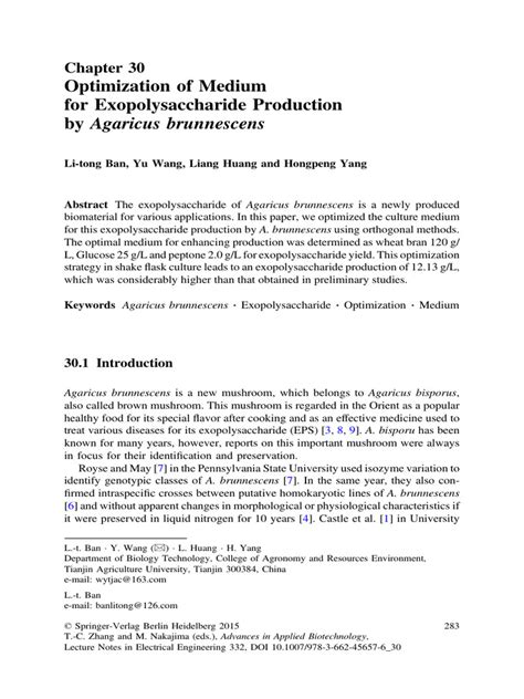 032 Chapter 30 Optimization Of Medium For Exopolysaccharide Production By Agaricus Brunnescens