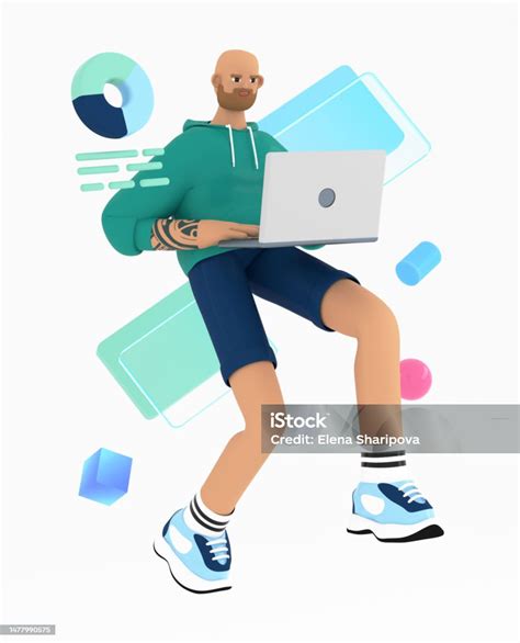 우주에서 날고 일하는 잘생긴 남자의 3d 추상 그림 온라인 교육 원격 근무 마케팅 블로깅 전략 및 소셜 미디어 개념 흰색 배경에