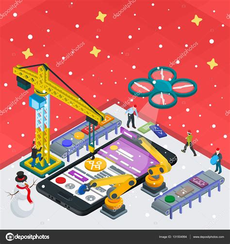 developing mobile app flat 3d isometric style people working on