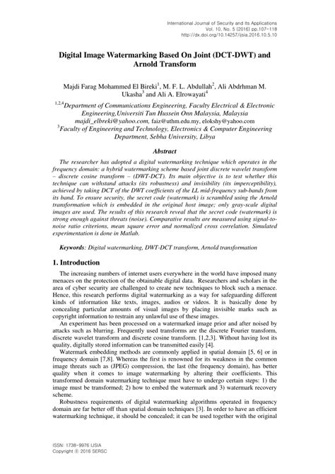 Pdf Digital Image Watermarking Based On Joint Dct Dwt And Arnold Transform