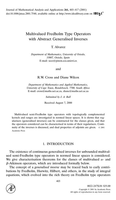 Pdf Multivalued Fredholm Type Operators With Abstract Generalised Inverses
