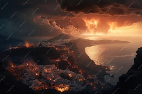 Premium Ai Image Santorini Volcanic Eruption On Island Illustration