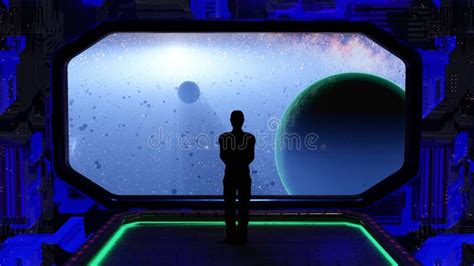 space station or spaceship where a man looks though the window into