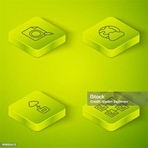 아이소메트릭 라인 소셜 네트워크 클라우드 기술 데이터 전송 계층 구조 오가노그램 차트 및 폴더 아이콘으로 검색 개념을 설정합니다