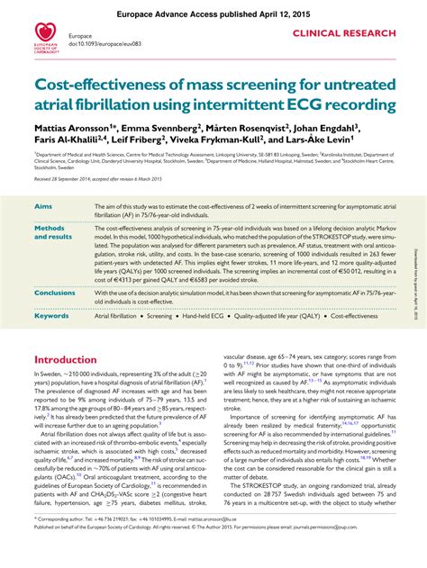Pdf Cost Effectiveness Of Mass Screening For Untreated Atrial
