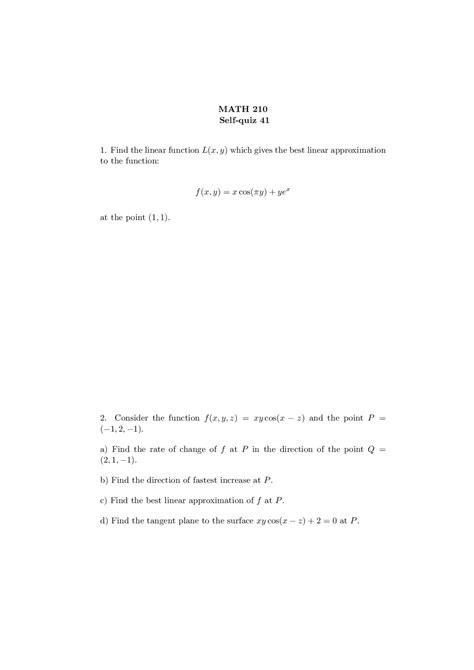 Self Quiz With Solutions For Calculus Iii Math 210 Docsity