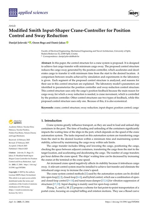 Pdf Modified Smith Input Shaper Crane Controller For Position Control And Sway Reduction
