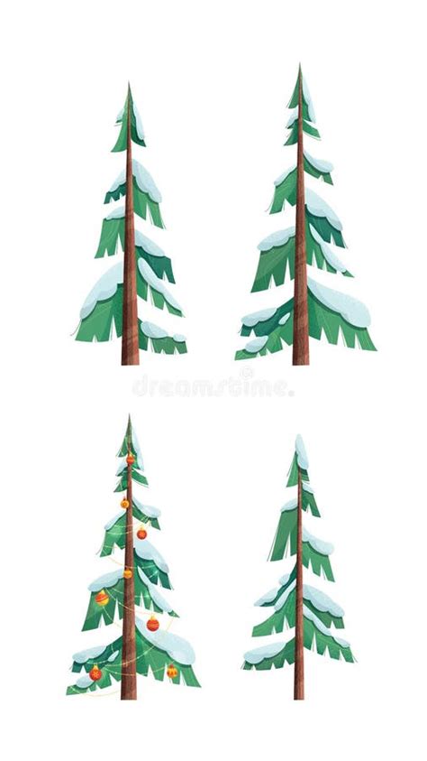 Snow Covered Trees Flat Vector Illustrations Set Stock Vector