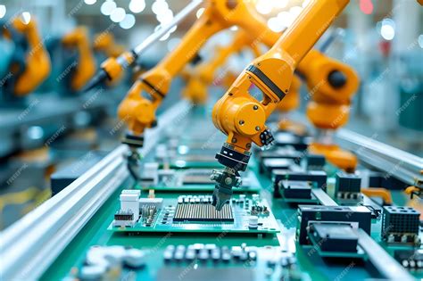 Premium Photo Automated Pcb Assembly Line With Precision Robot Arms