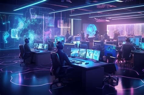 Premium Ai Image There Are People Sitting At Desks In A Dark Room With Computers Generative Ai