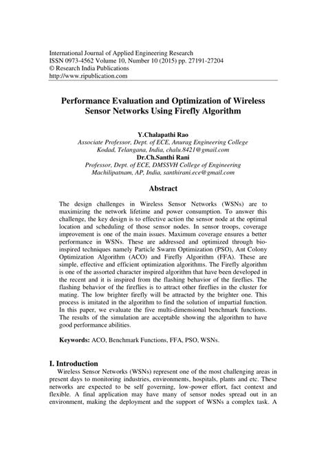 Pdf Performance Evaluation And Optimization Of Wireless Sensor Networks Using Firefly Algorithm
